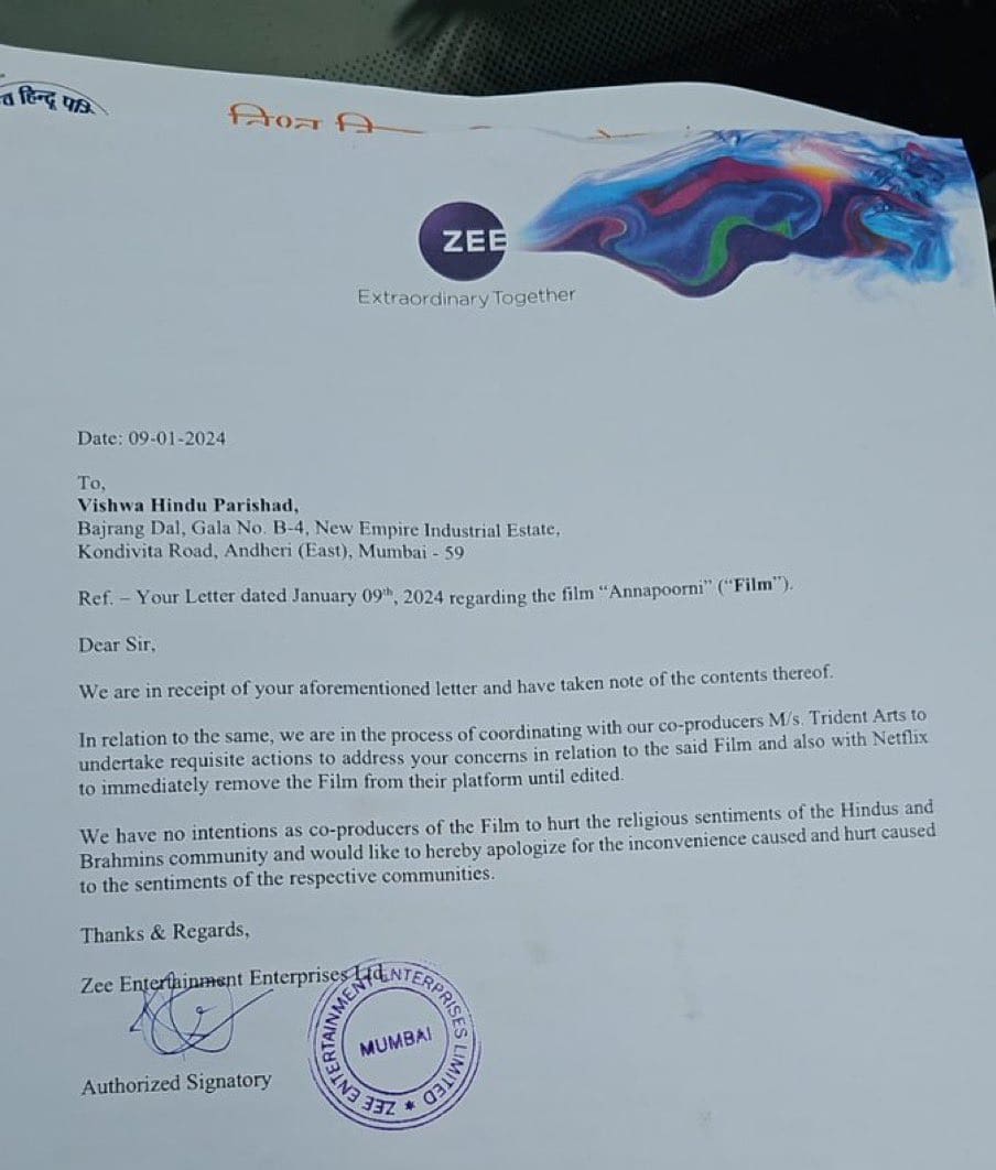 Zee Studios issues an apology letter for Annapoorani - TrackTollywood